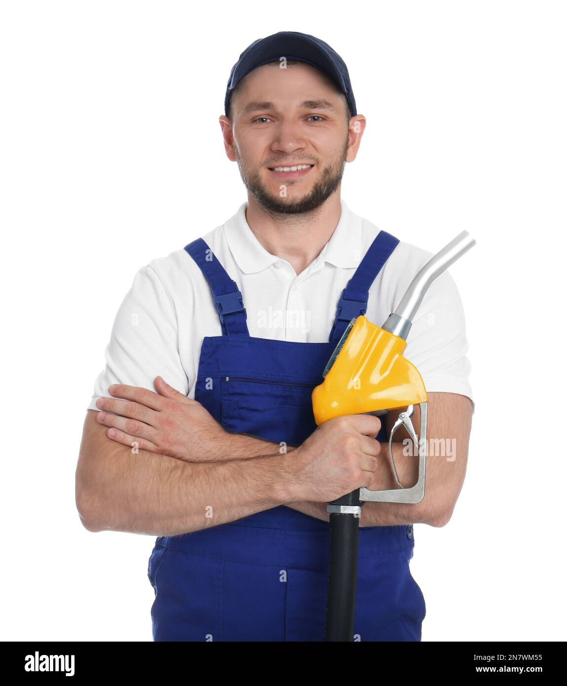 Gas station worker with fuel nozzle on white background Stock Photo - Alamy