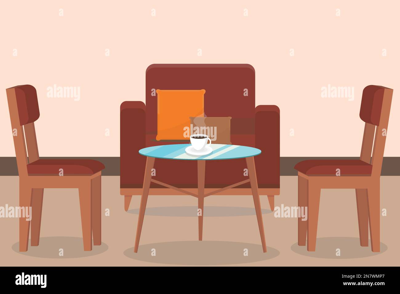 an armchair and chairs near the table with a cup of coffee at home or ...
