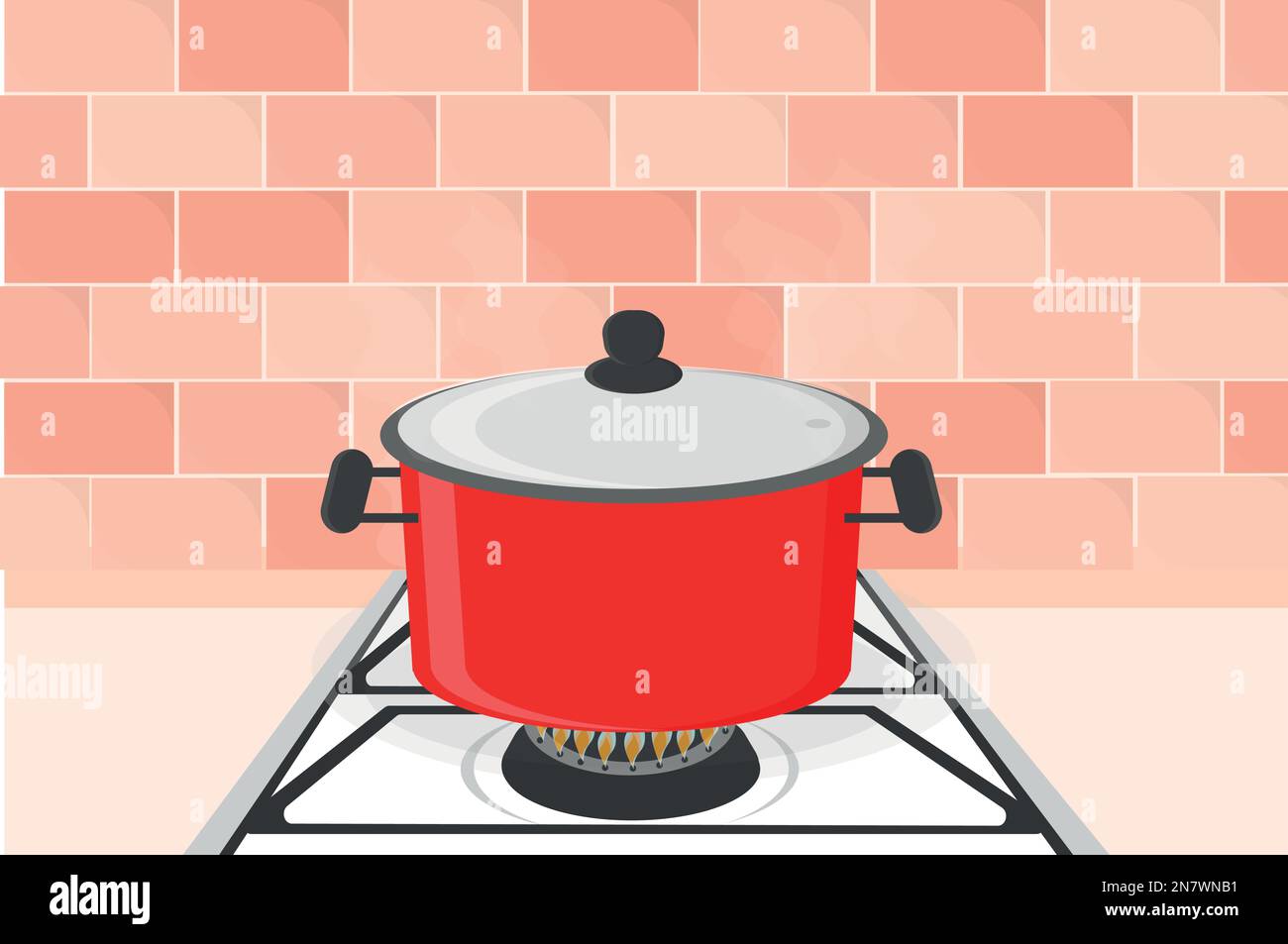 large red pot is boiling on a gas stove in the kitchen Stock Vector ...