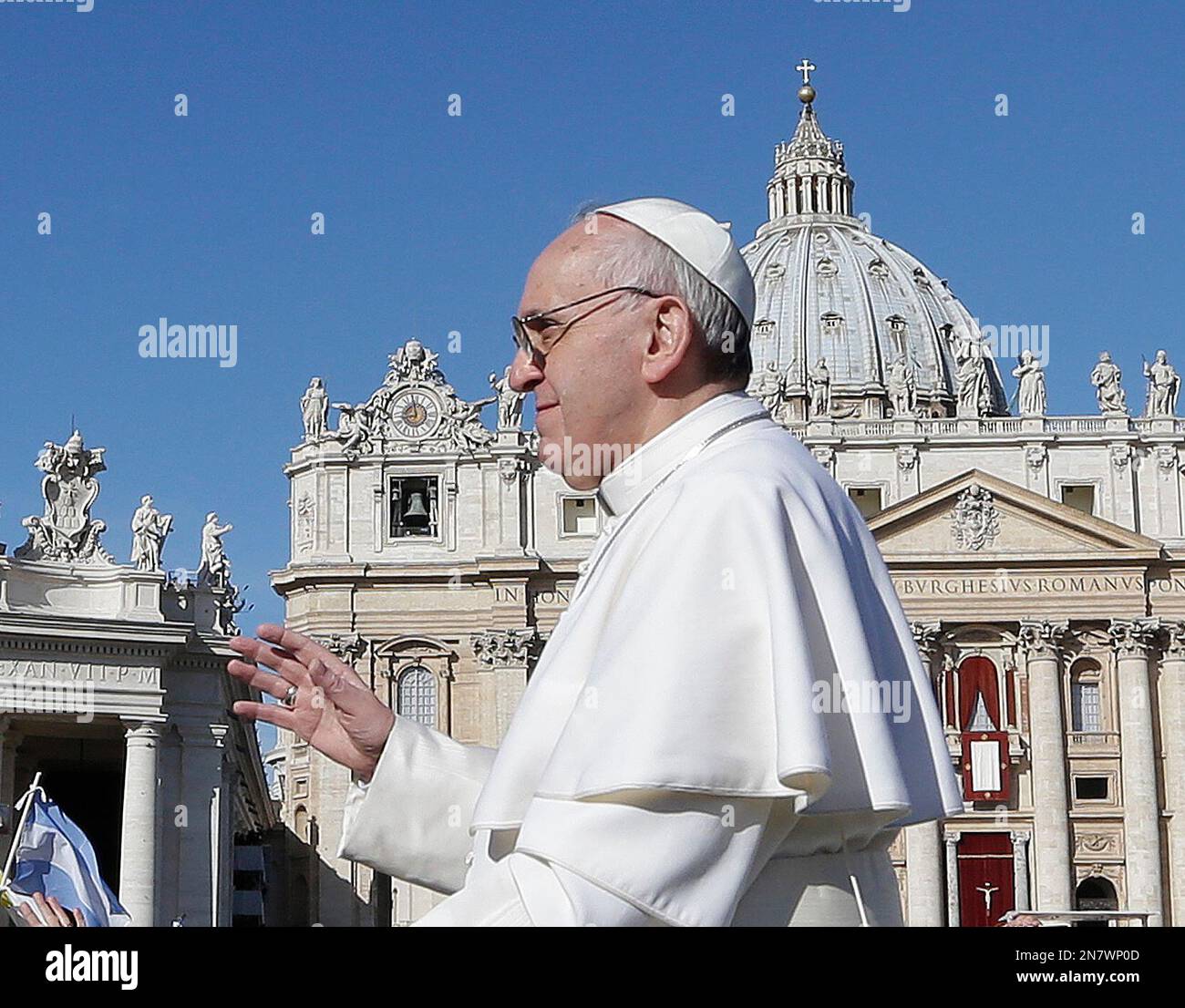 Pope Francis waves to crowds as he arrives to his inauguration Mass in ...