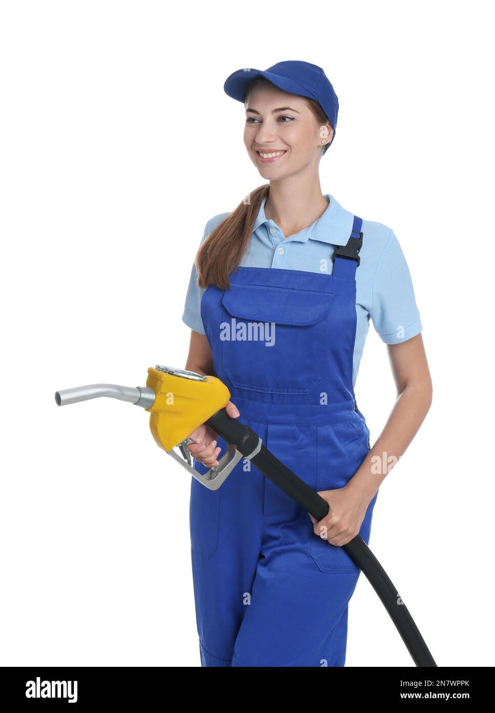Gas station worker with fuel nozzle on white background Stock Photo - Alamy