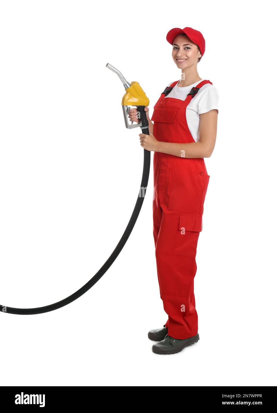 Gas station worker with fuel nozzle on white background Stock Photo - Alamy