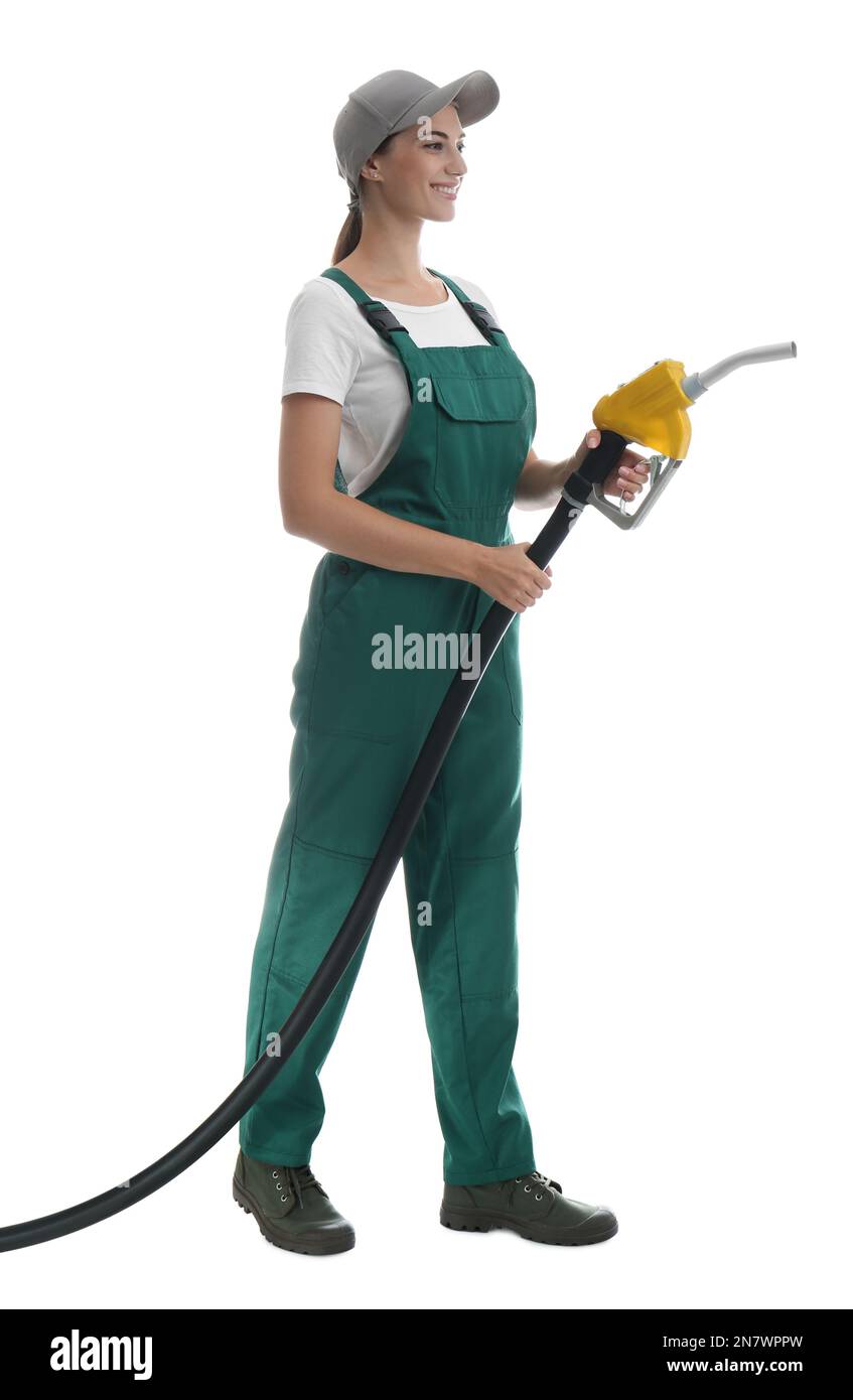 Gas station worker with fuel nozzle on white background Stock Photo - Alamy