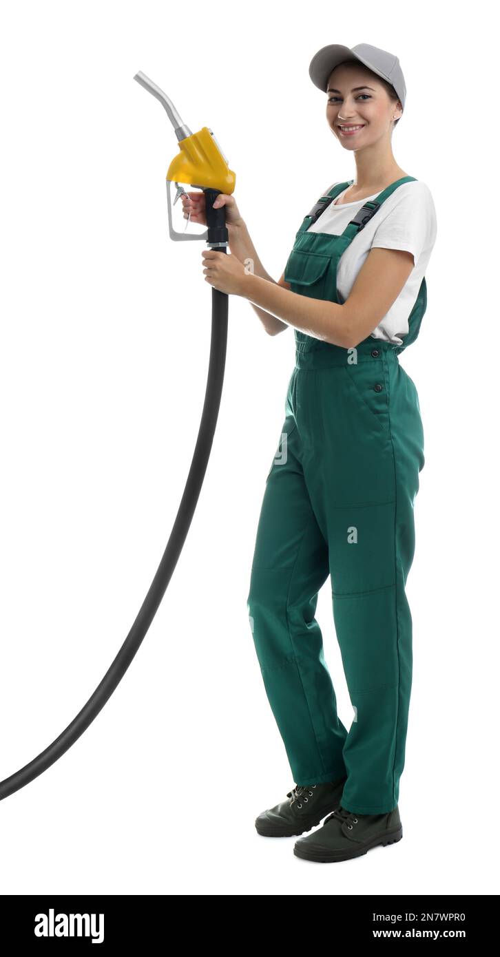 Gas station worker with fuel nozzle on white background Stock Photo - Alamy