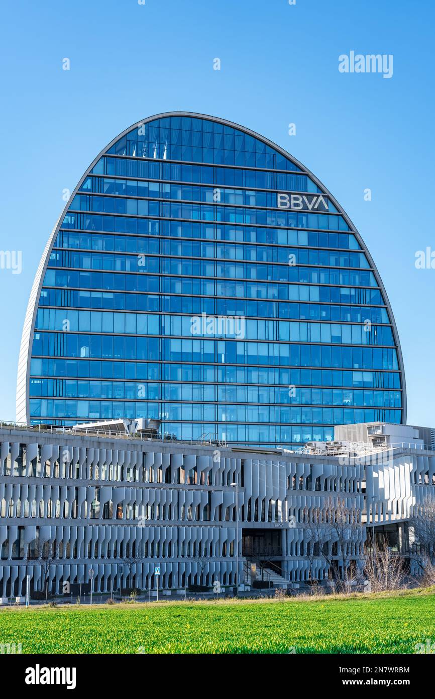 Madrid, Spain, February 4, 2023: Skyscraper building and other BBVA bank office buildings in ...