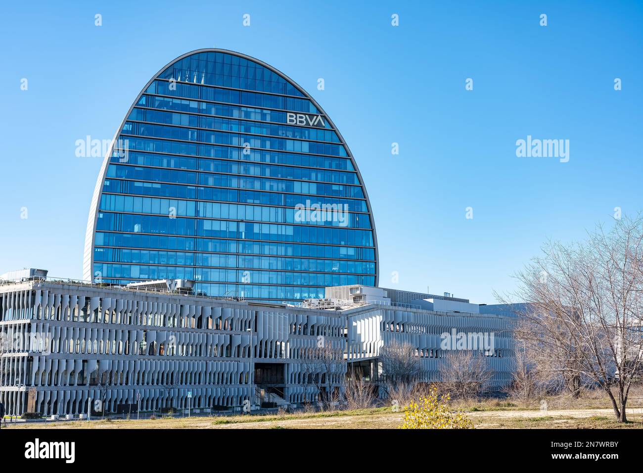 Madrid, Spain, February 4, 2023: Skyscraper building of the corporate headquarters of the ...