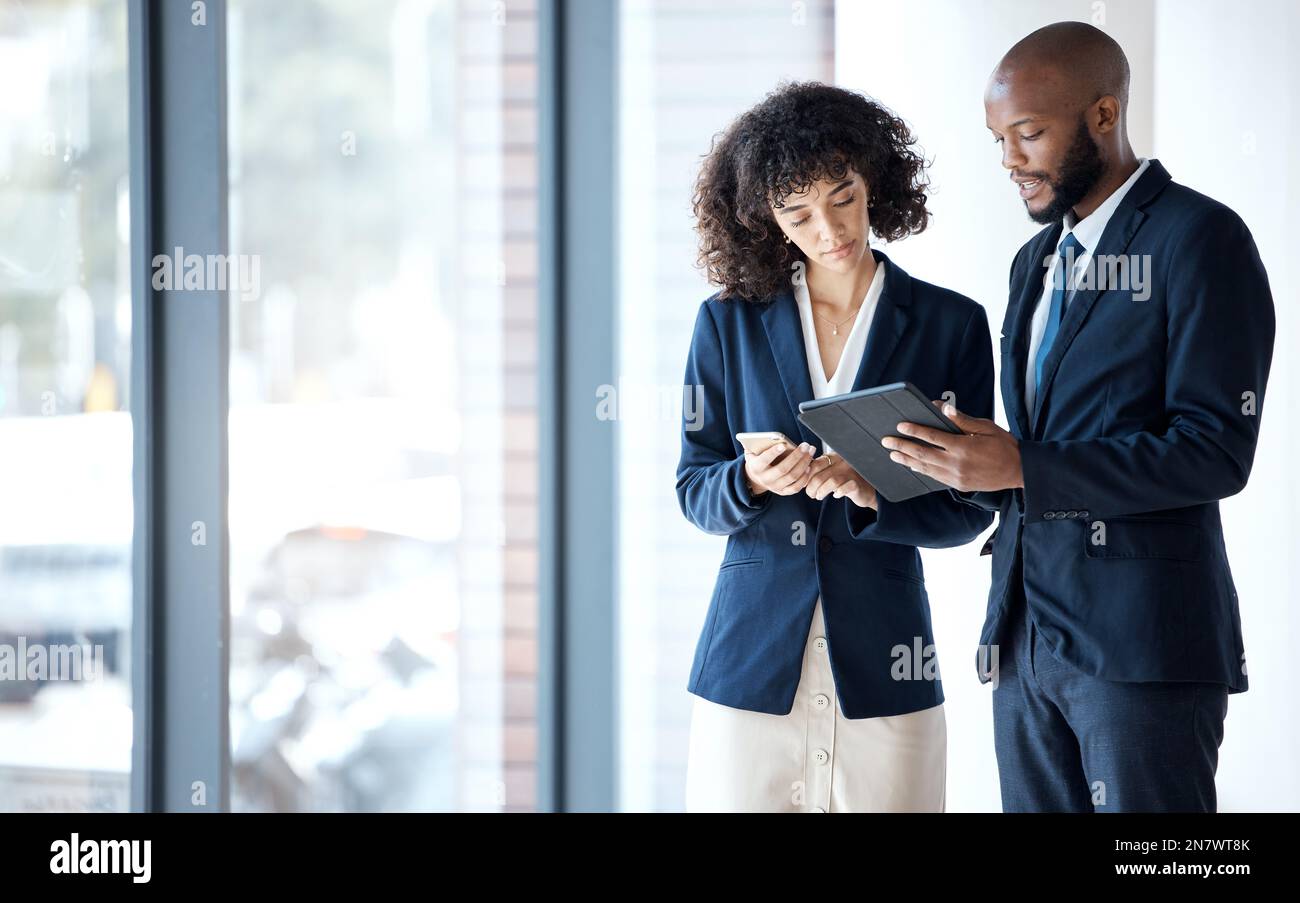 Business people, tablet and checking data in digital marketing ...