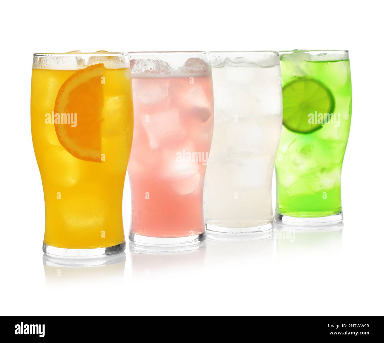Delicious refreshing drinks in glasses on white background Stock Photo ...