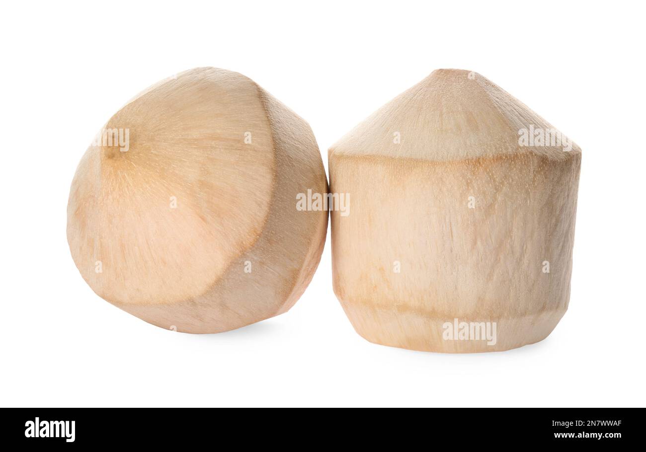 Fresh young peeled coconuts on white background Stock Photo - Alamy