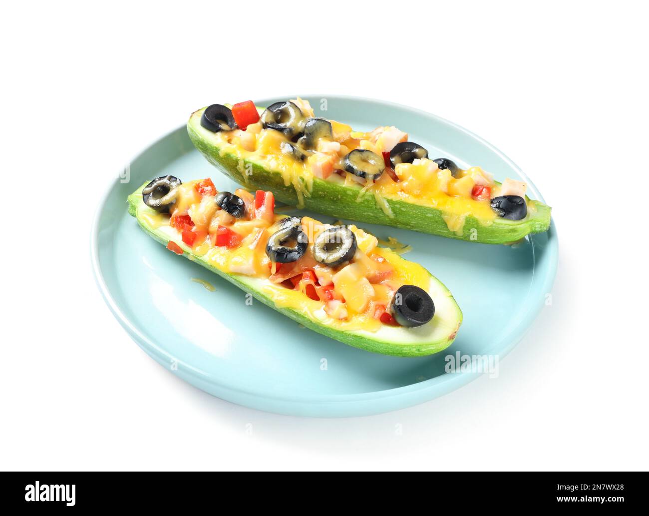 Plate of delicious stuffed zucchini on white background Stock Photo - Alamy