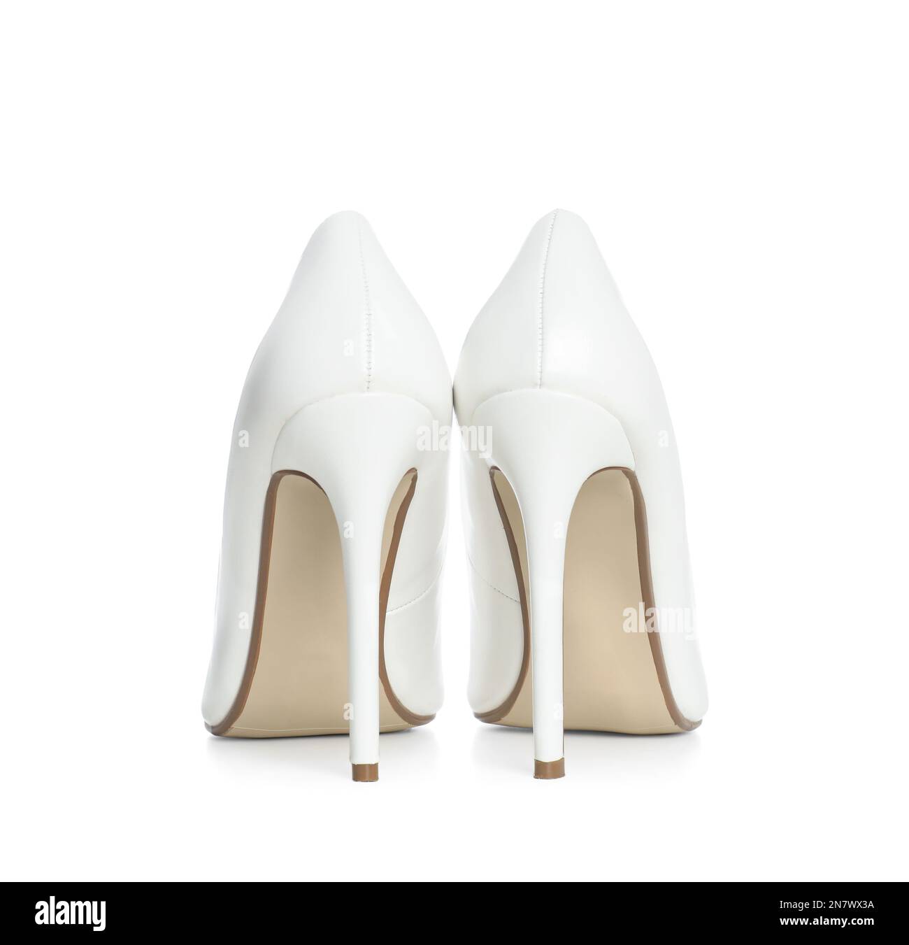 Beautiful classic wedding shoes on white background, back view Stock ...