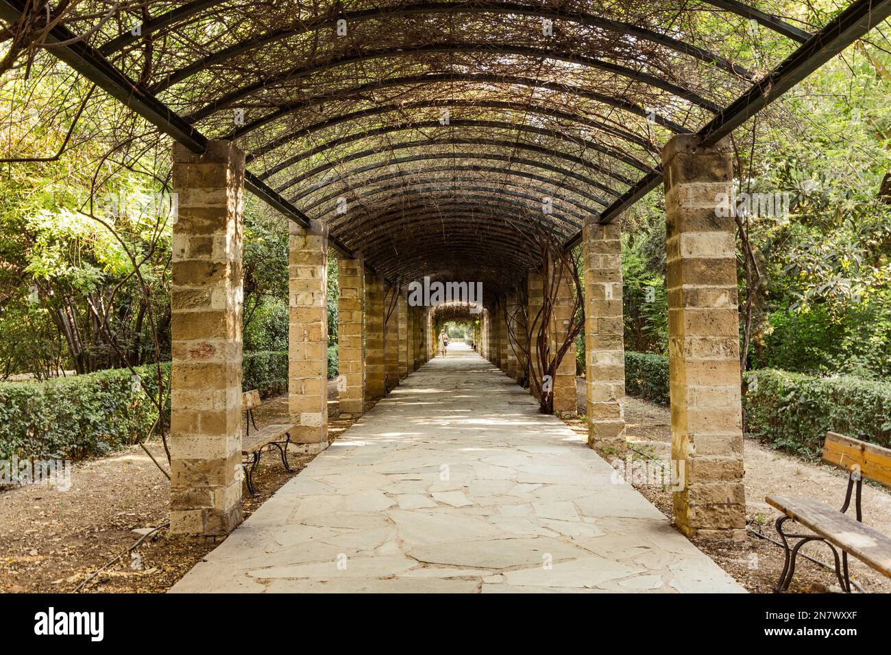 Landscape with rose pergola and water basin in National garden of ...