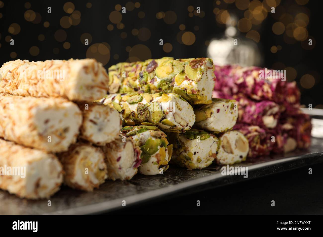 Turkish delight dessert on tray, closeup. Traditional sweet Stock Photo ...