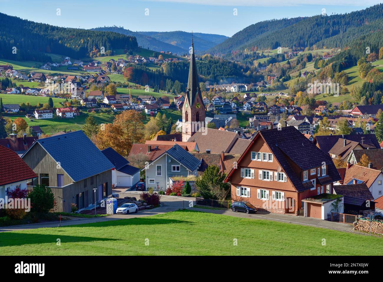 View of Baiersbronn with St. Mary's Church, Freudenstadt district ...