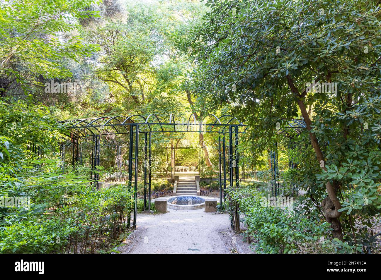 Landscape with overgrown pergola in National garden of Athens in Greece ...