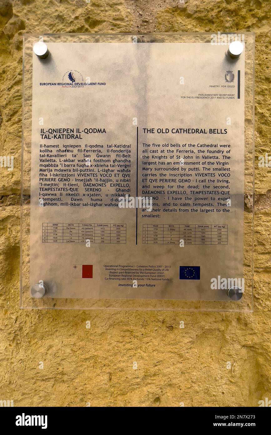Tourist Information Board on Old Bells of St Marija Cathedral in Gozo ...