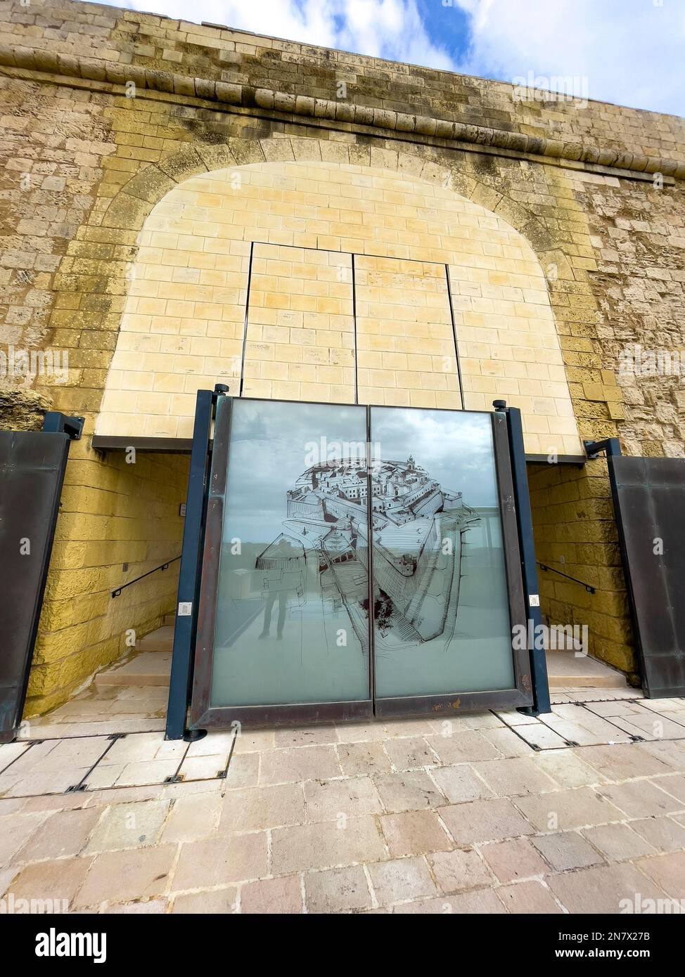 Entrance of Gozo Citadel with display board with map, Ir-Rabat Ghawdex ...