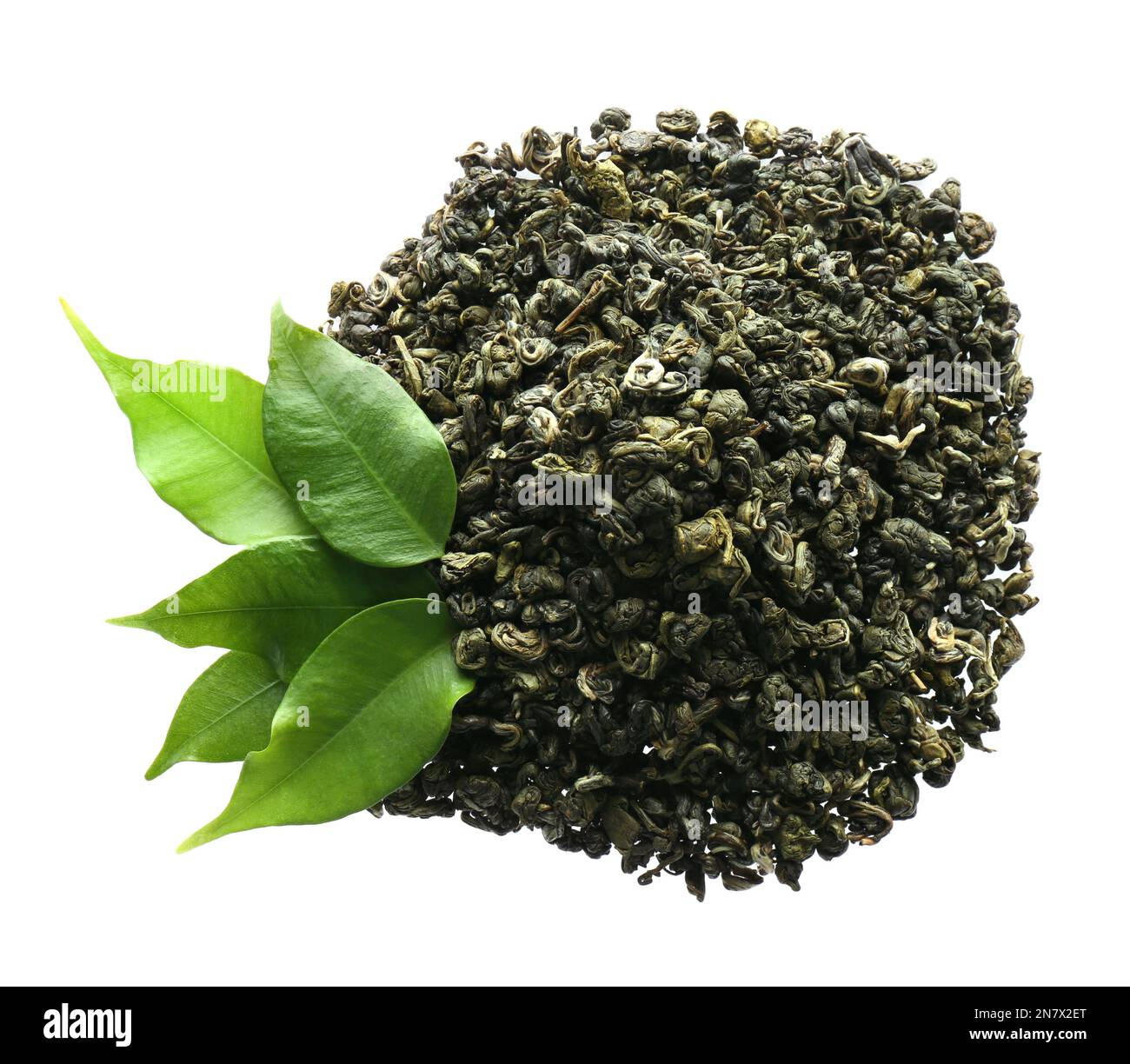 Pile of dried green tea leaves on white background, top view Stock ...
