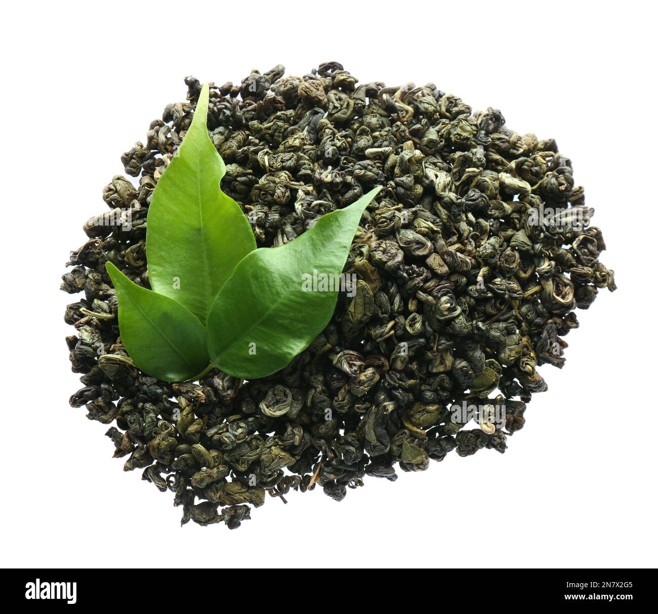 Pile of dried green tea leaves on white background, top view Stock ...