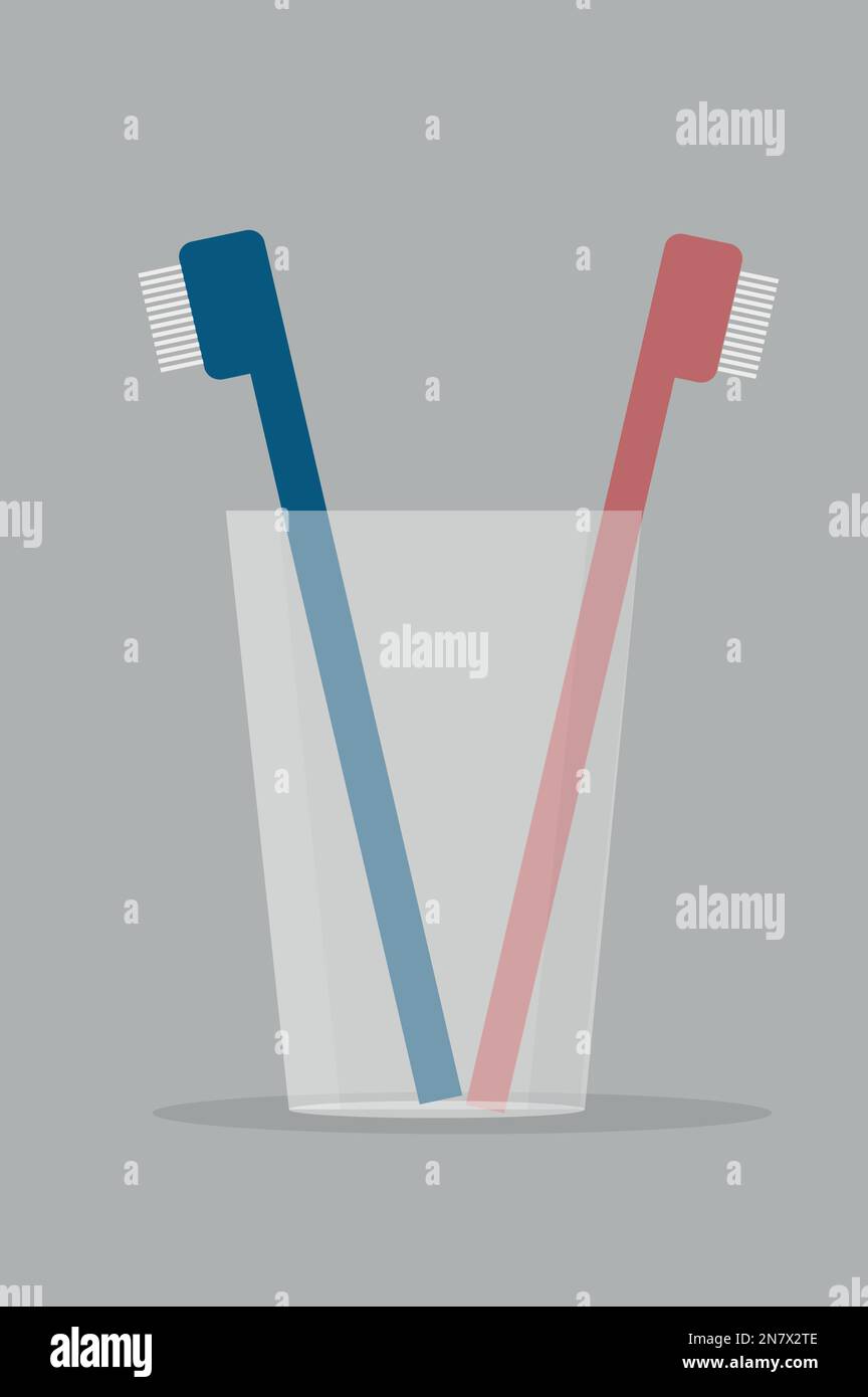 a two toothbrushes in a transparent glass on a white background Stock ...