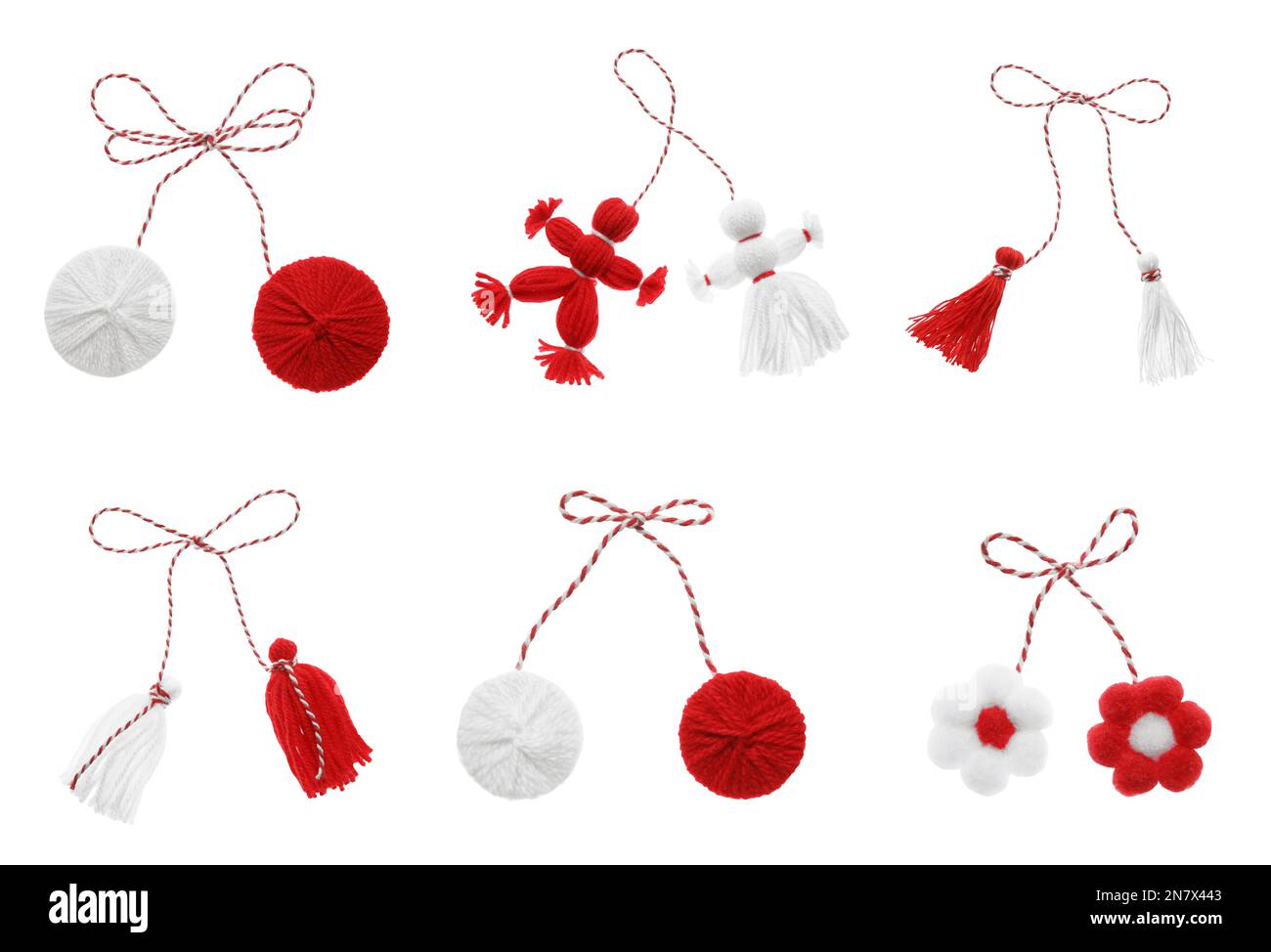 Set with traditional martenitsi in different shapes on white background ...