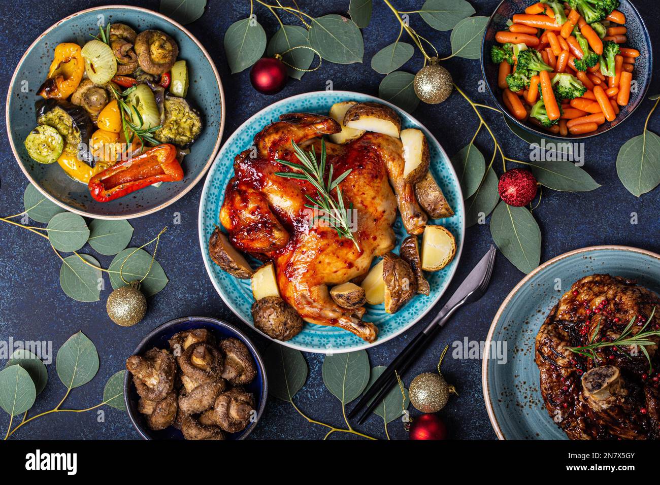 Christmas evening celebrating table top view with assorted festive food ...