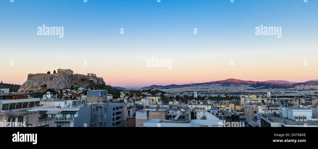 Cityscape of Athens during sunset with view of the acropolis and ...