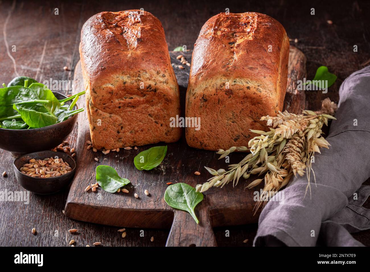 Homemade spinach bread freshly baked and sliced. Bread made from grains ...