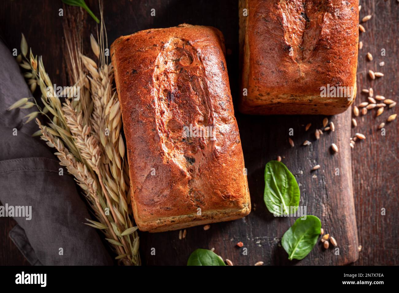 Healthy spinach bread baked in a home oven. Bread made from grains and ...