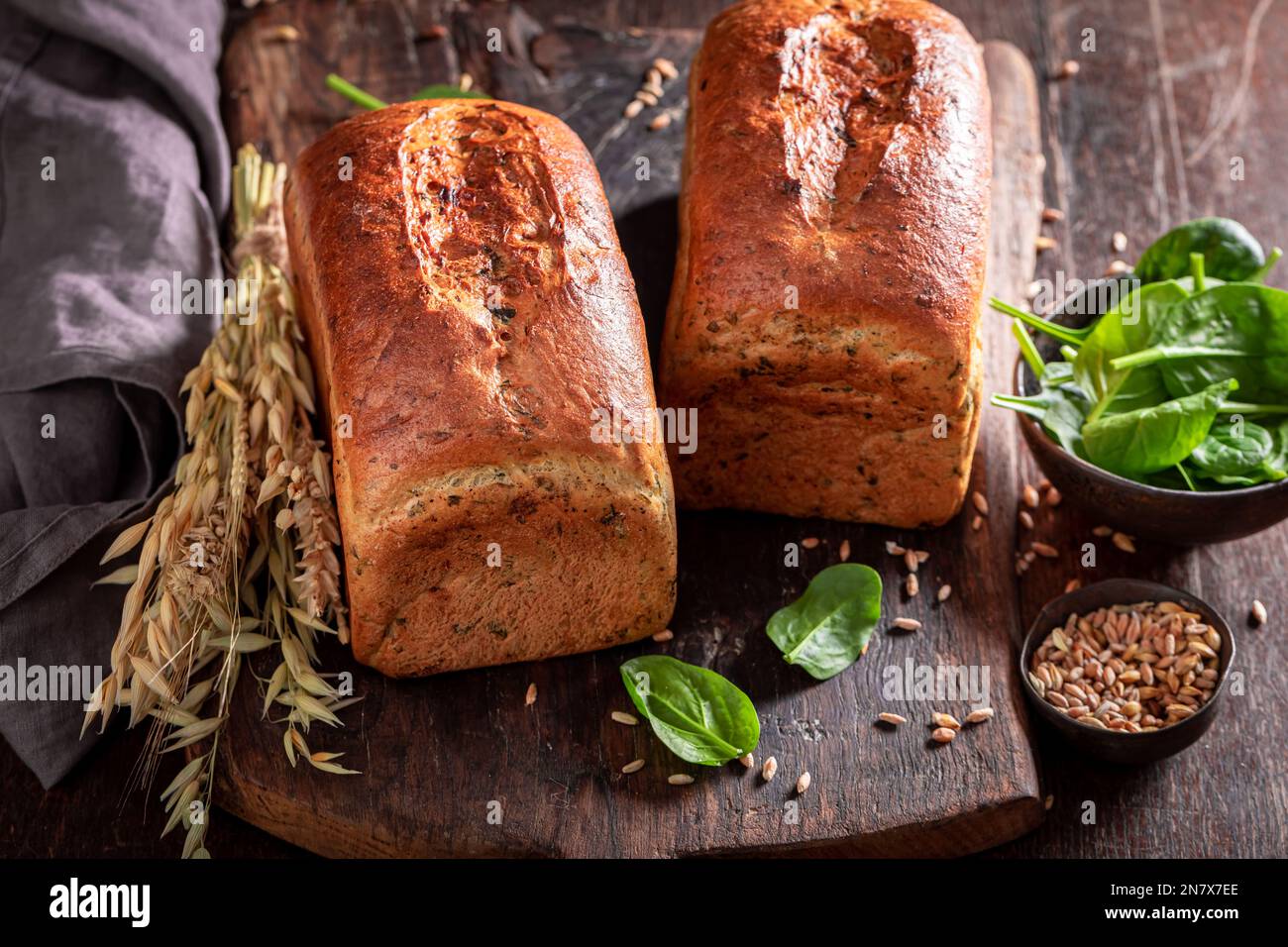 Homemade spinach bread baked in a home oven. Spinach flavored wheat ...
