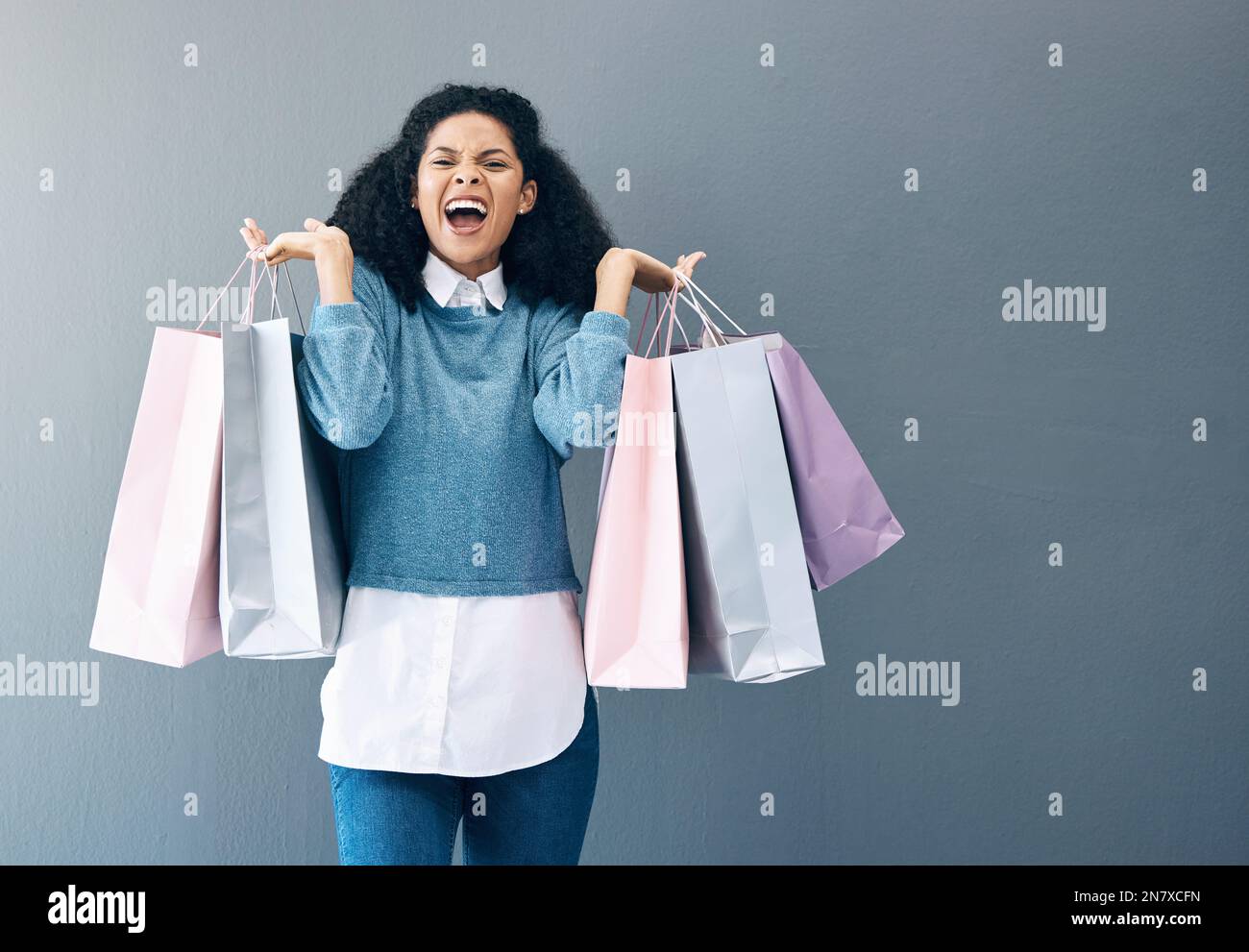 Shopping, black woman excited and scream portrait of a happy customer ...