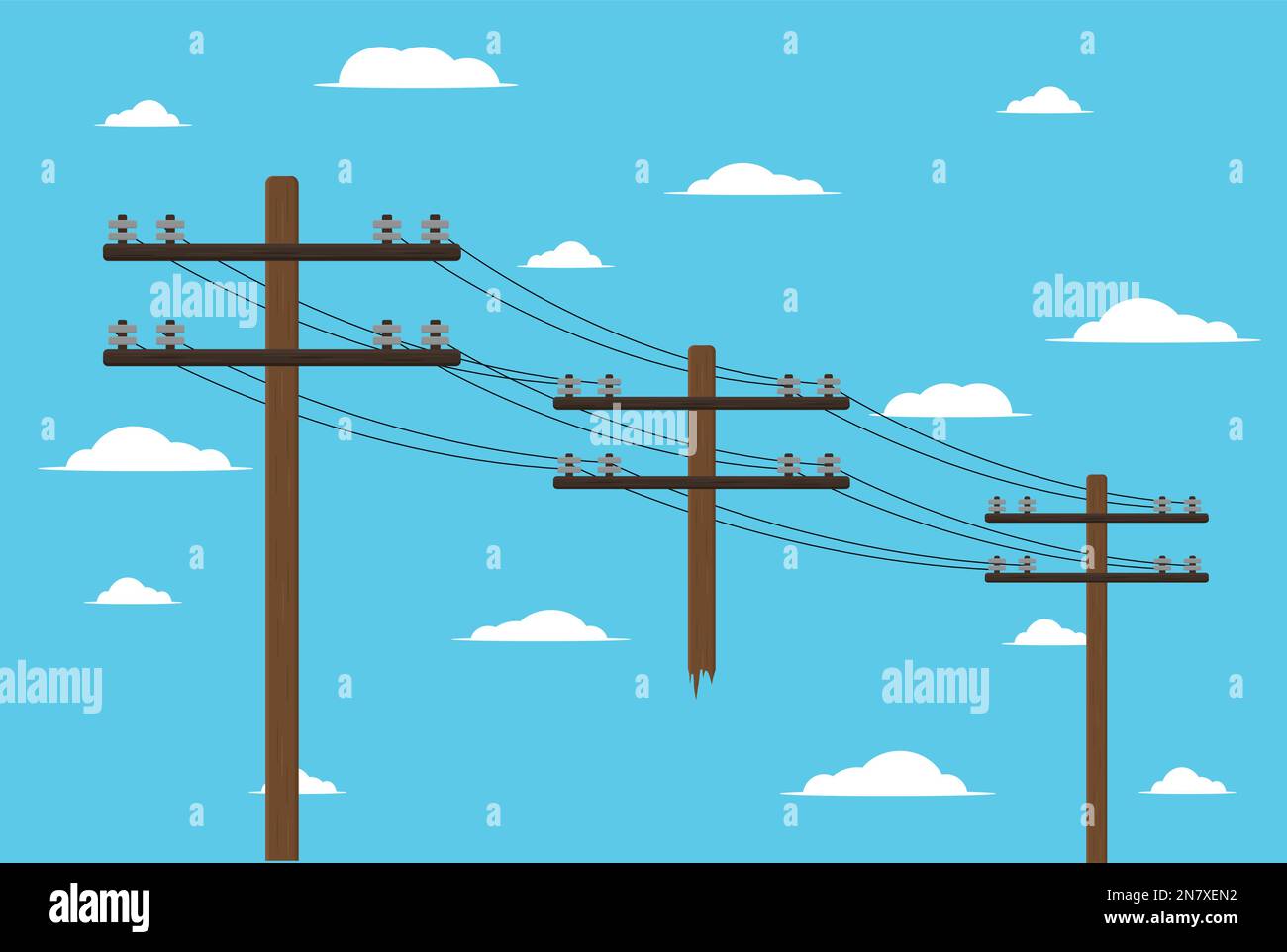 wooden pole with high voltage wires on sky background vector ...