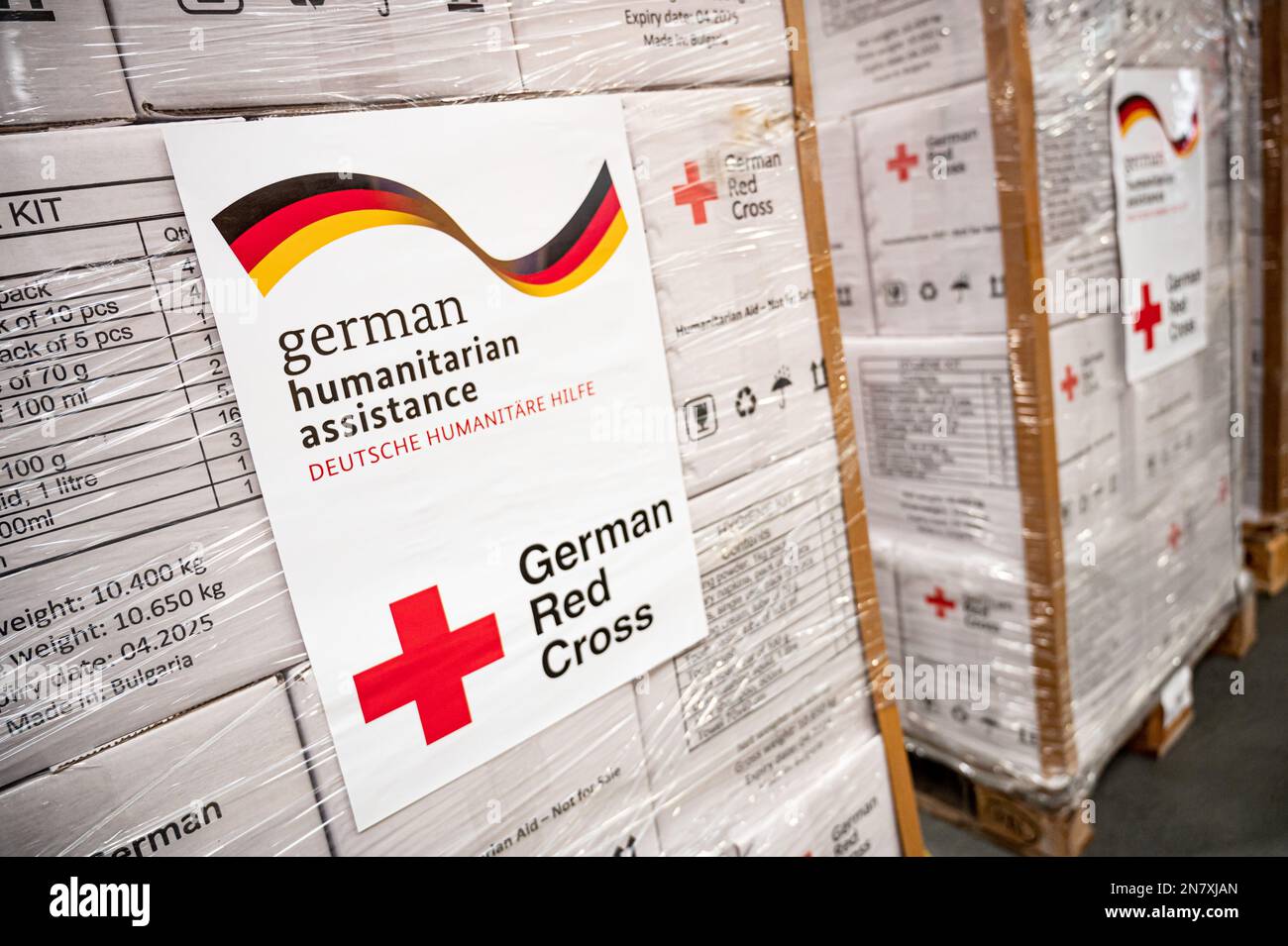 11 February 2023, Brandenburg, Schönefeld: Relief supplies from the ...