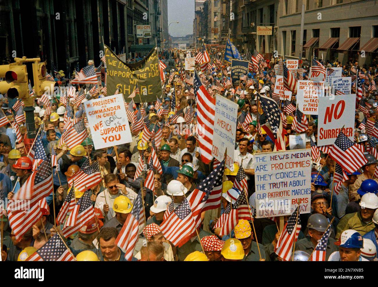 Demonstration of construction workers building the nearby World Trade Center are shown during a ...
