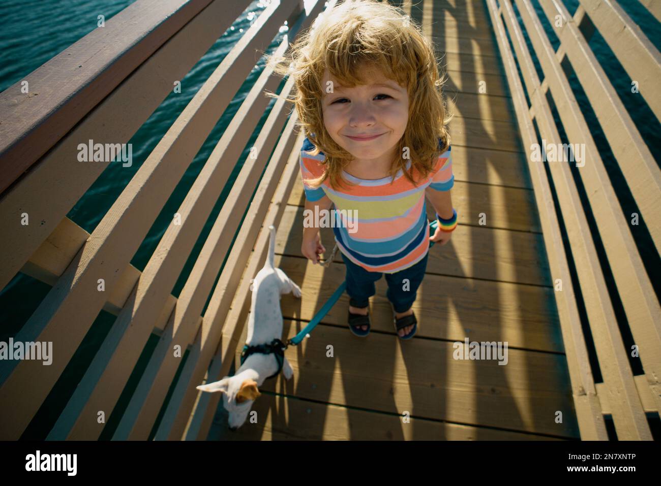 Boy walking with dog in the park. Pet with owner. Wide angle kids face ...