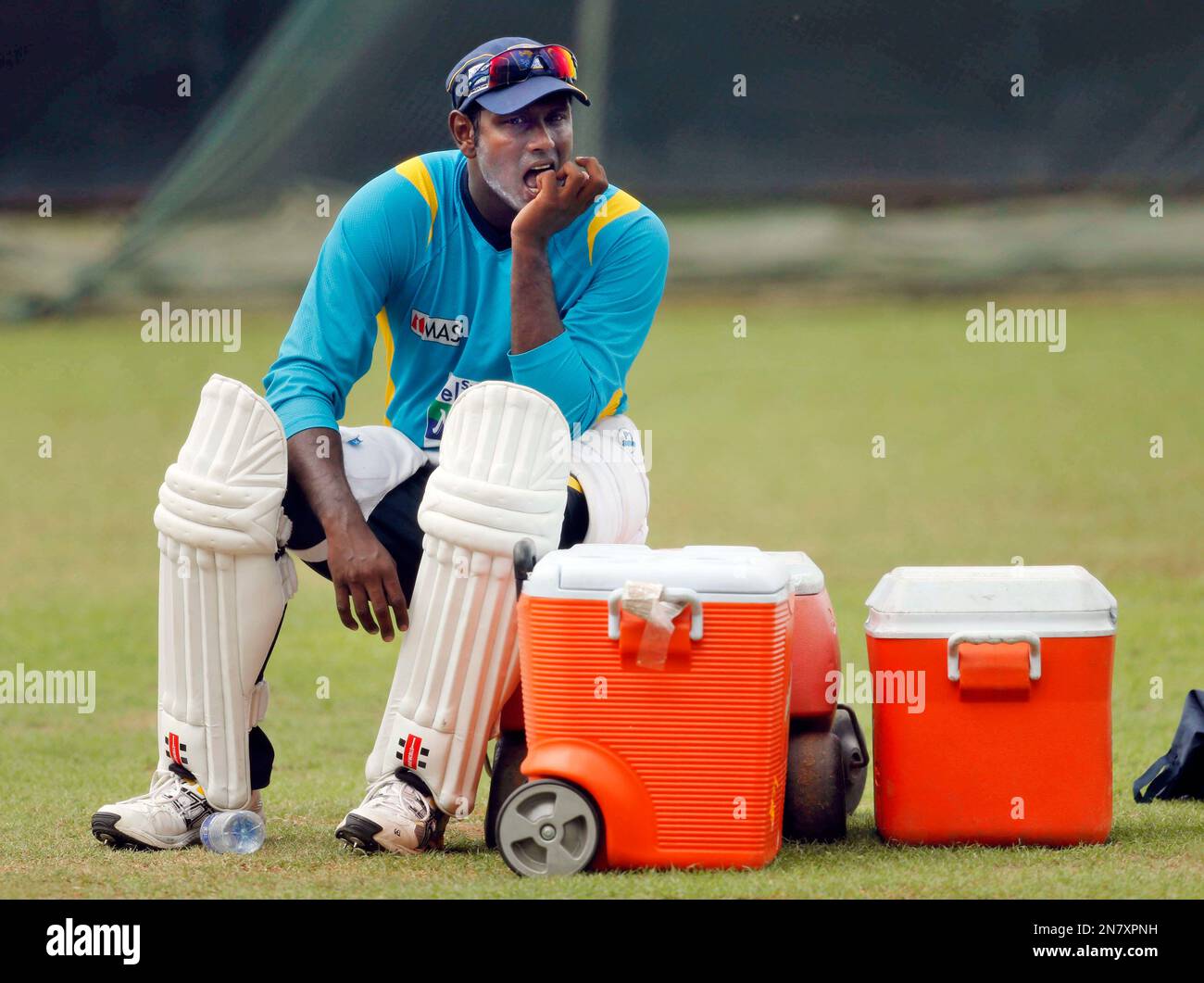 Sri Lanka's captain Angelo Mathews watches his team's practice ahead of ...