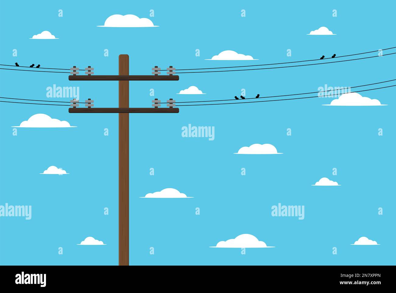 wooden pole with high voltage wires on sky background vector ...