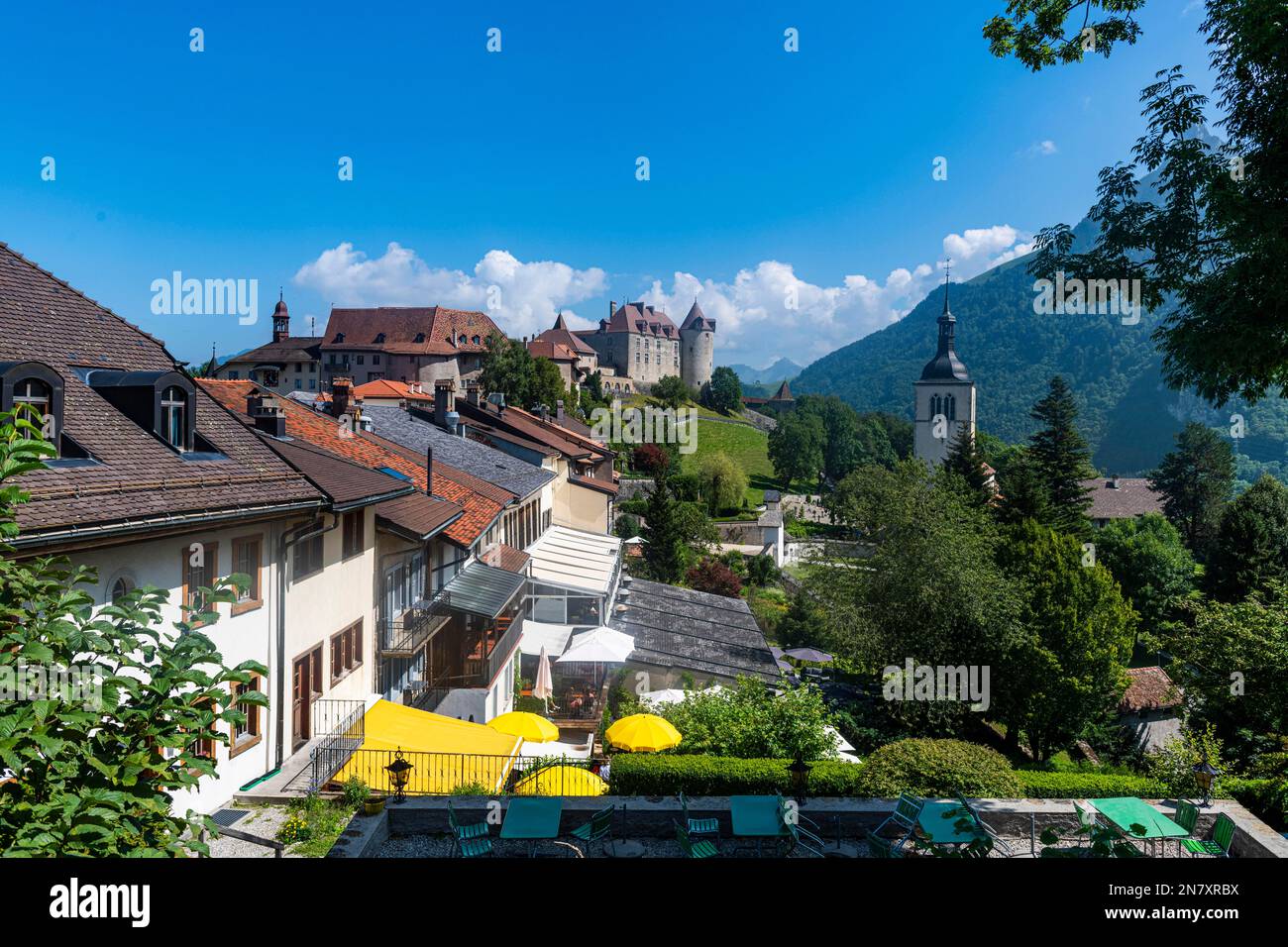 Medieval town in the Gruyere castle, Fribourg, Switzerland Stock Photo ...