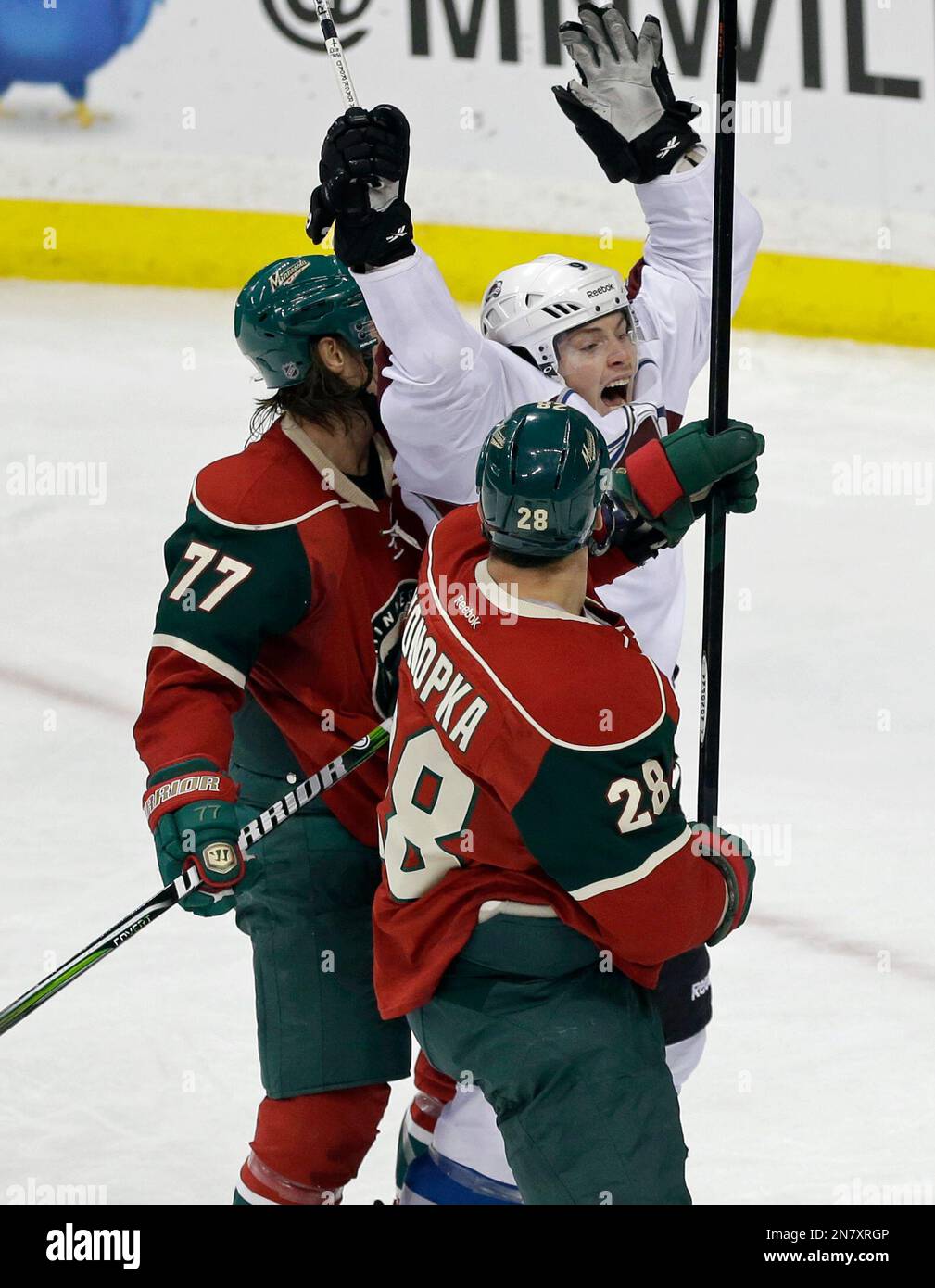 Colorado Avalanche's Matt Duchene, top right, celebrates a goal by P.A ...