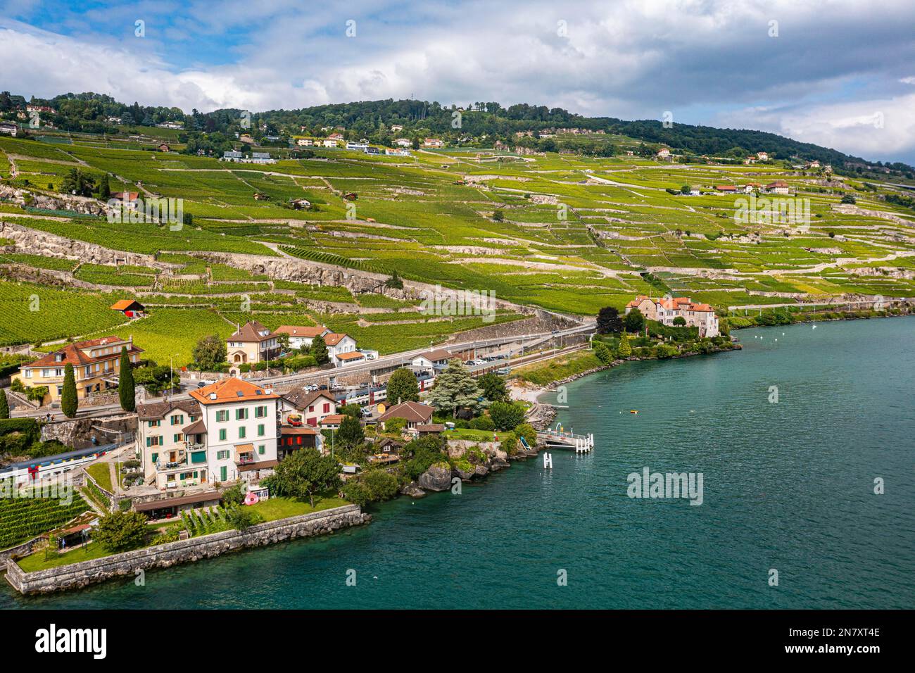Aerial of the Unesco site Lavaux vineyard terraces, Lake Geneva ...