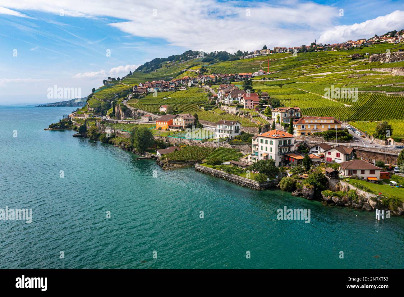 Aerial of the Unesco site Lavaux vineyard terraces, Lake Geneva ...