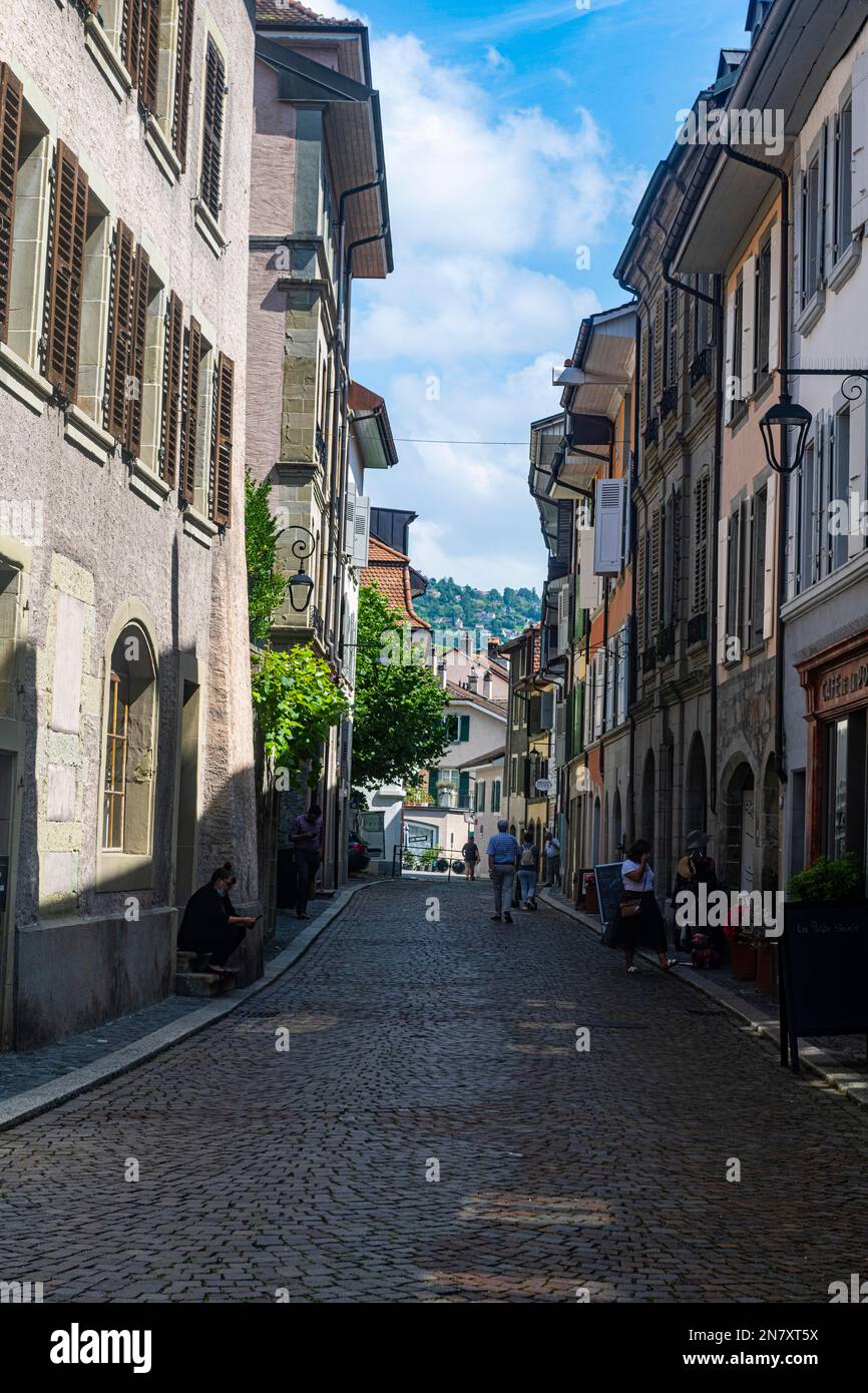 Historic town Lutry in the Unesco site Lavaux vineyards terraces, Lake ...