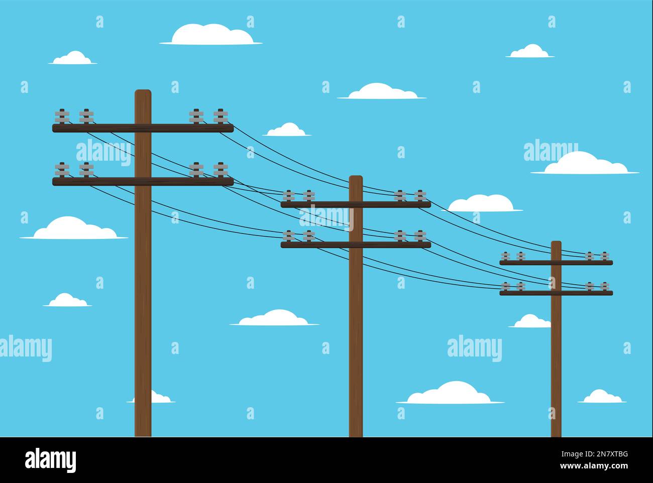wooden pole with high voltage wires on sky background vector ...