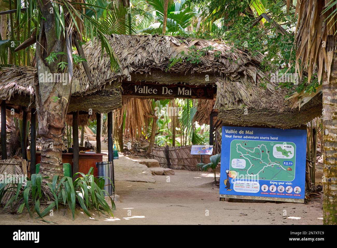 entrance gate into Vallee de Mai, Praslin Island, Seychelles Stock ...