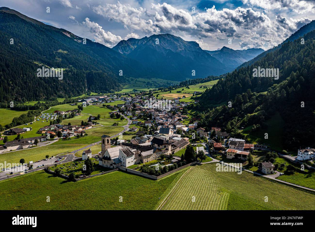 Aerial of the Benedictine Convent of St. John in Mustair on the Swiss ...