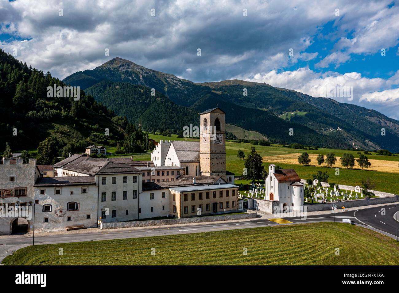 Aerial of the Benedictine Convent of St. John in Mustair on the Swiss ...