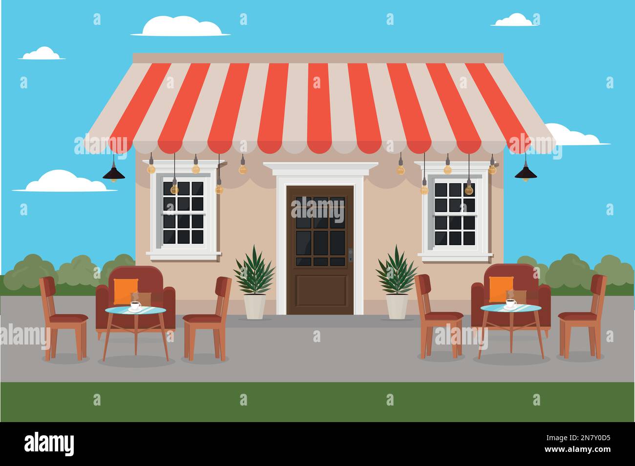 restaurant cafe shop on the road with chairs and a table Stock Vector ...