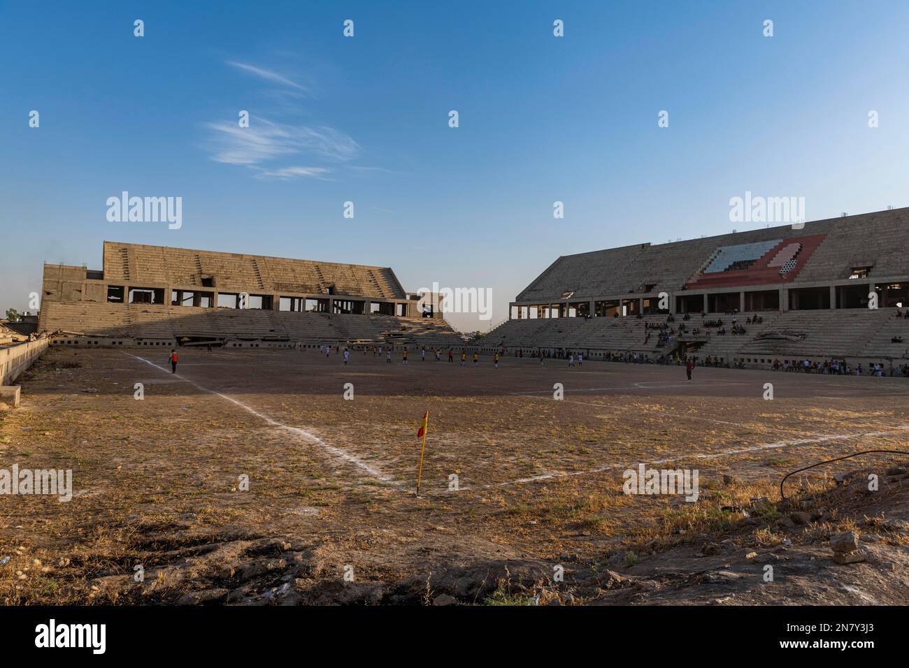 Soccer game in the ruins of the soccer stadium of Mosul, Iraq Stock ...