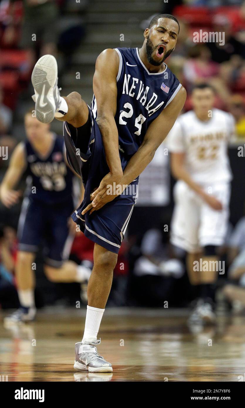 Nevada's Deonte Burton reacts after hitting a 3-pointer against Wyoming ...
