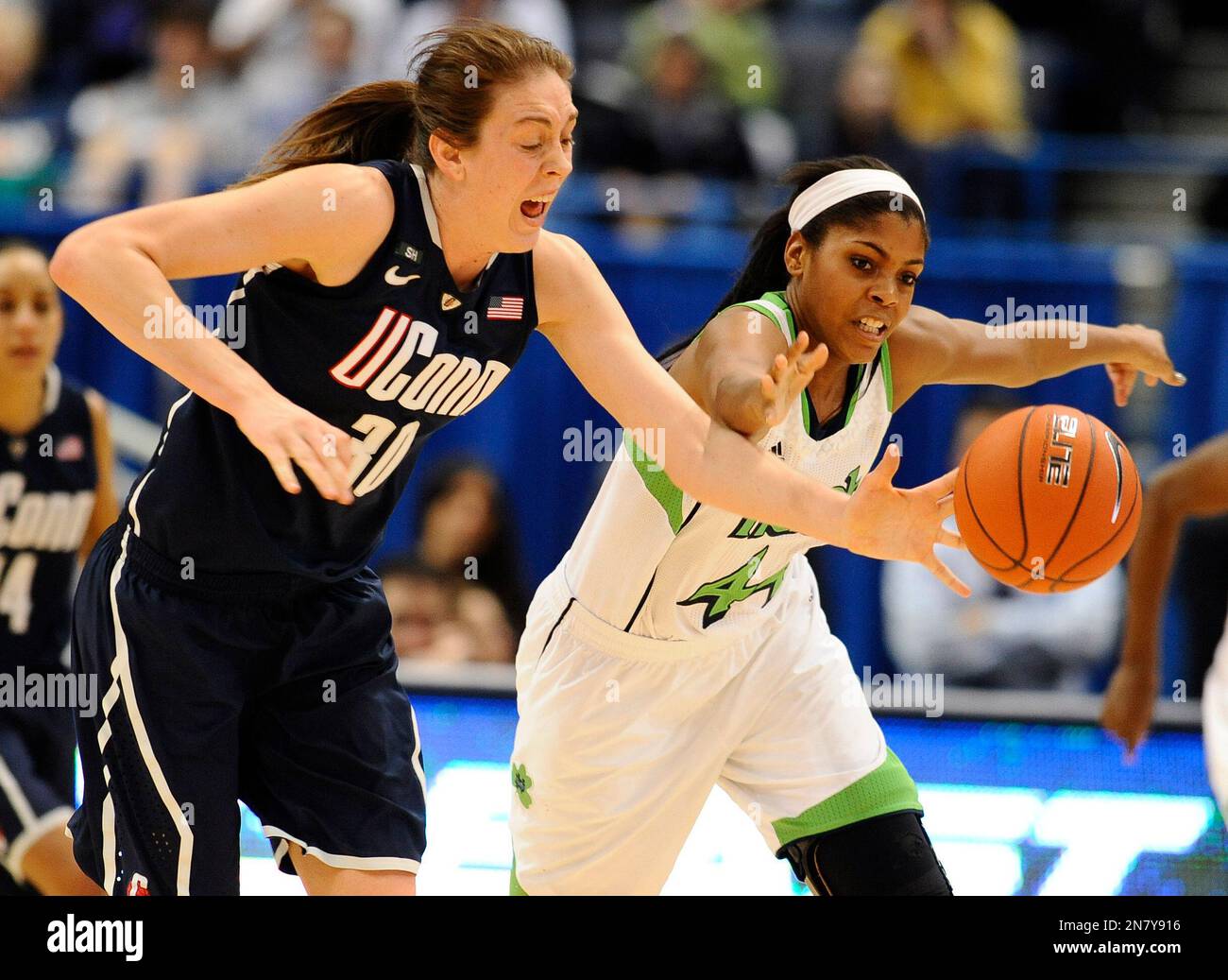 Connecticut's Breanna Stewart, left, steals the ball from Notre Dame's ...